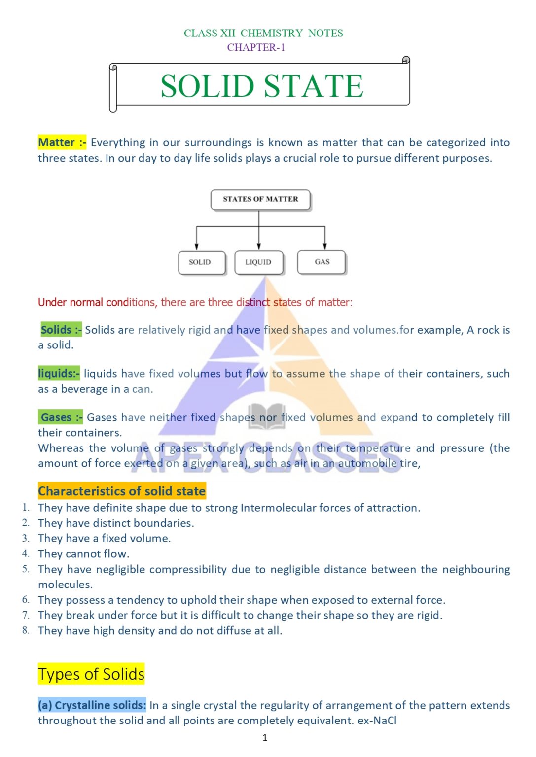 Class 12 Chemistry Notes for Chapter-1 Solid State – APEX CLASSES