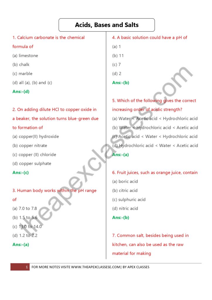Class 10 Science MCQs in English PDF – APEX CLASSES