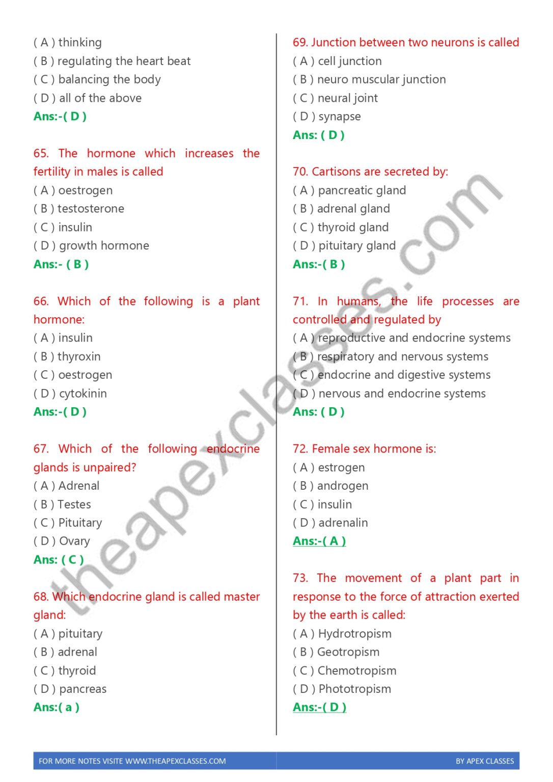 Class 10 Science MCQs in English PDF – APEX CLASSES